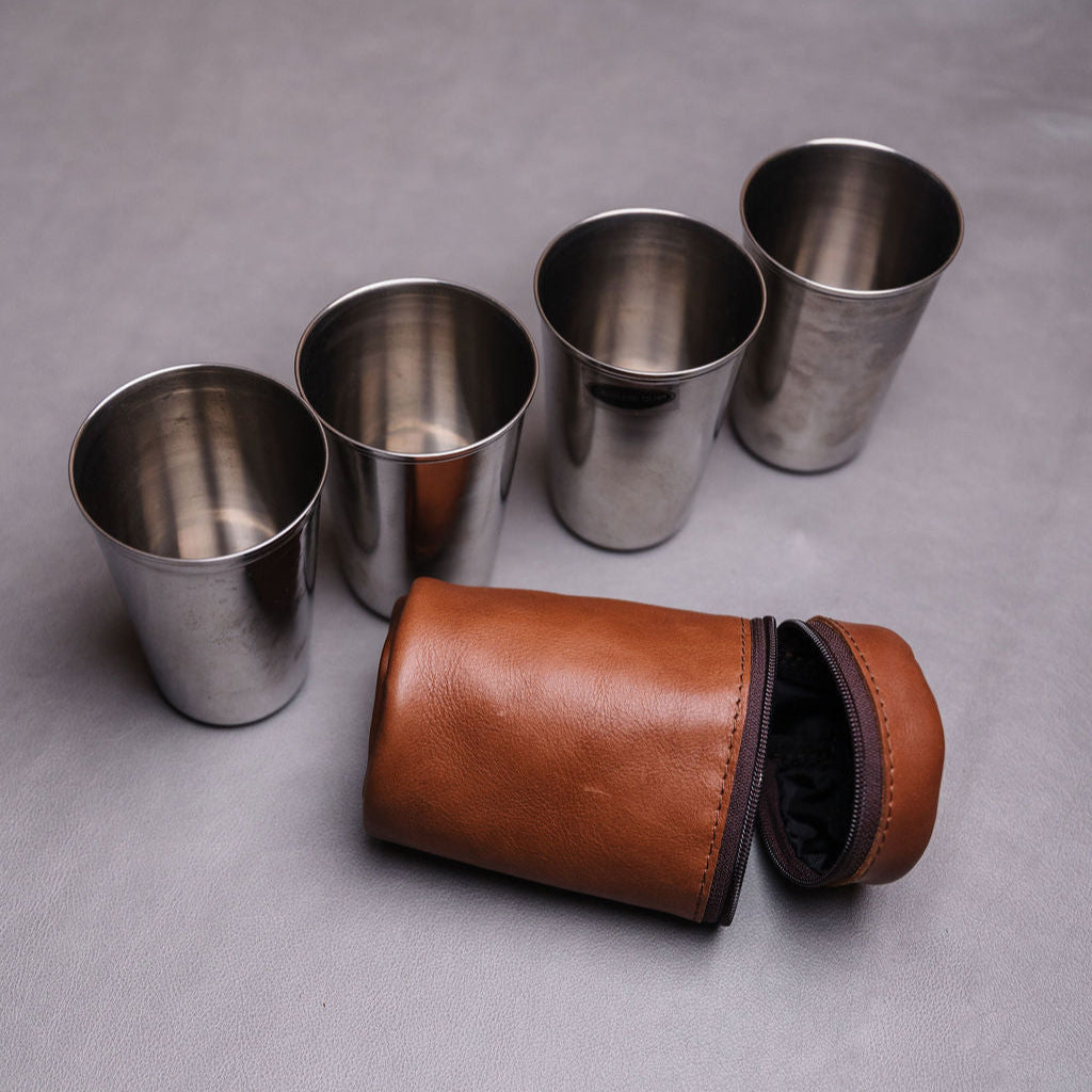 Leather Camp Glass Holder with 4 Stainless Steel Glasses | Knap Sak ...